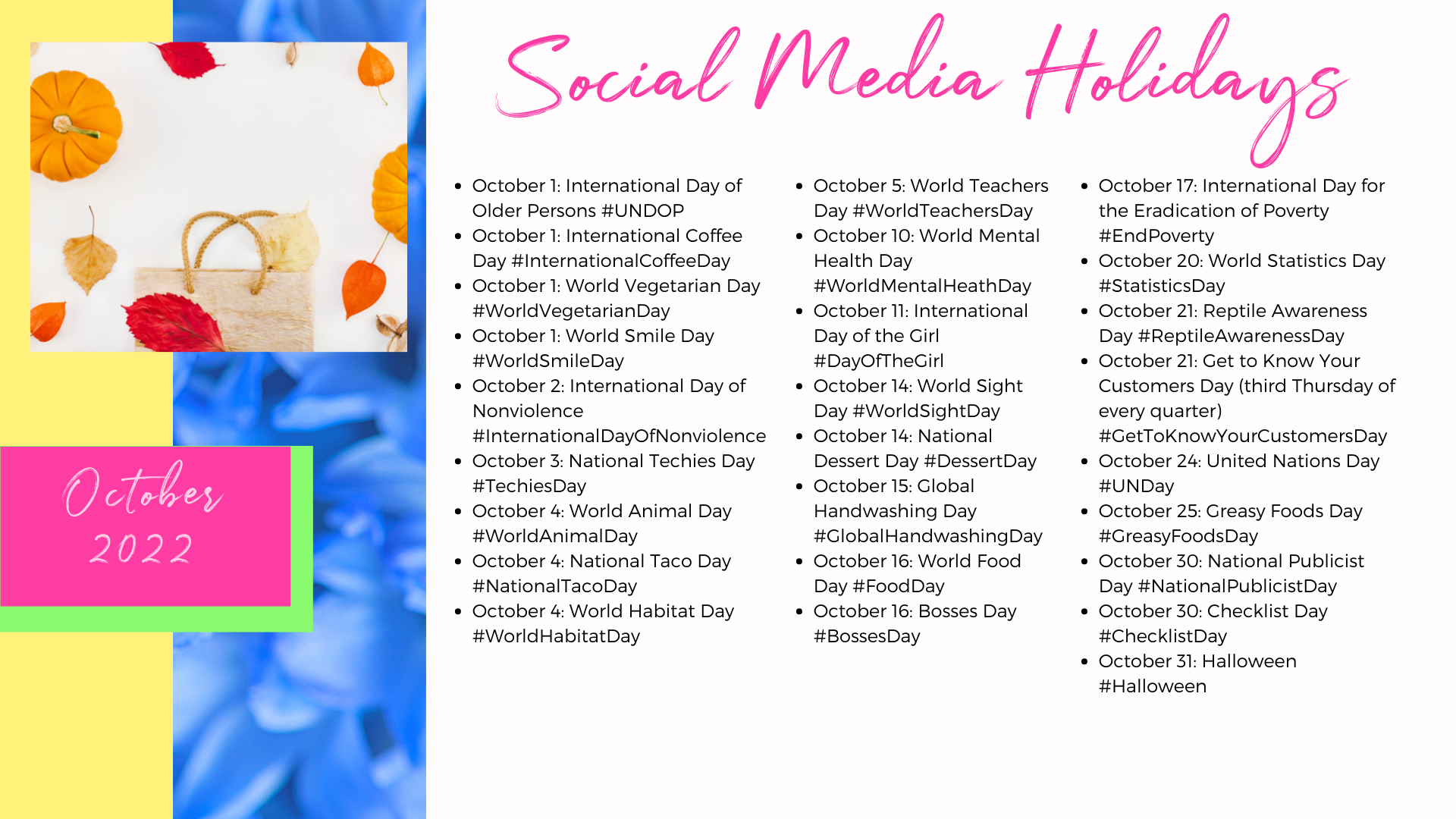 October 2022 Social Media Holiday Calendar with Hashtags – Simplifying ...
